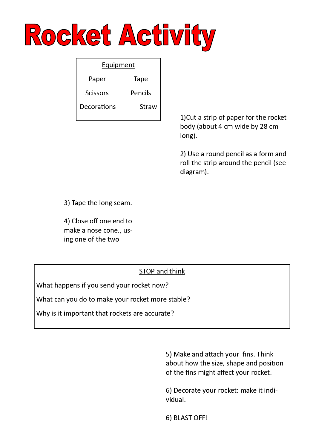 Making rockets worksheet - WRHS