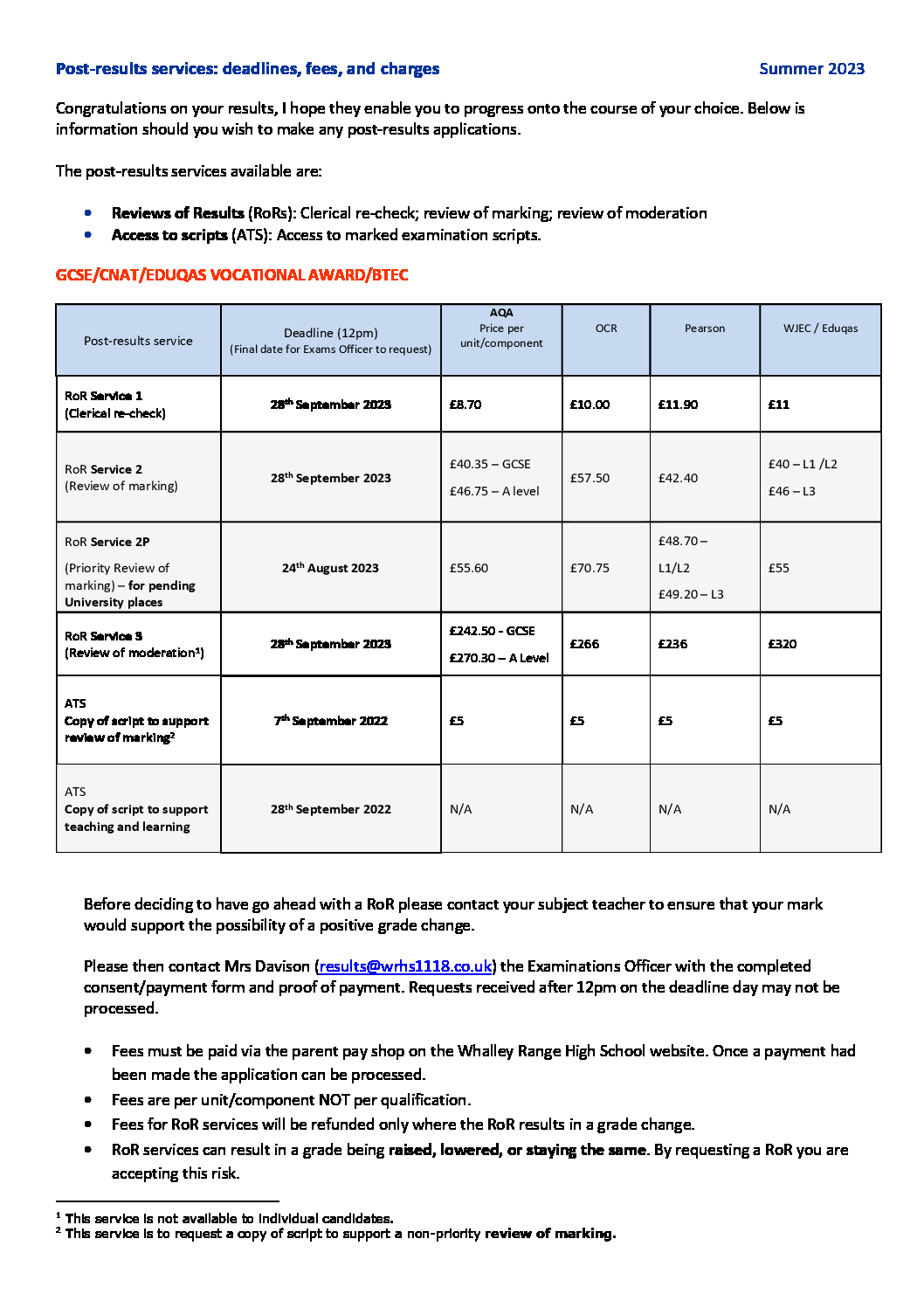 Post-results services: deadlines, fees and charges (Summer 2023) - WRHS