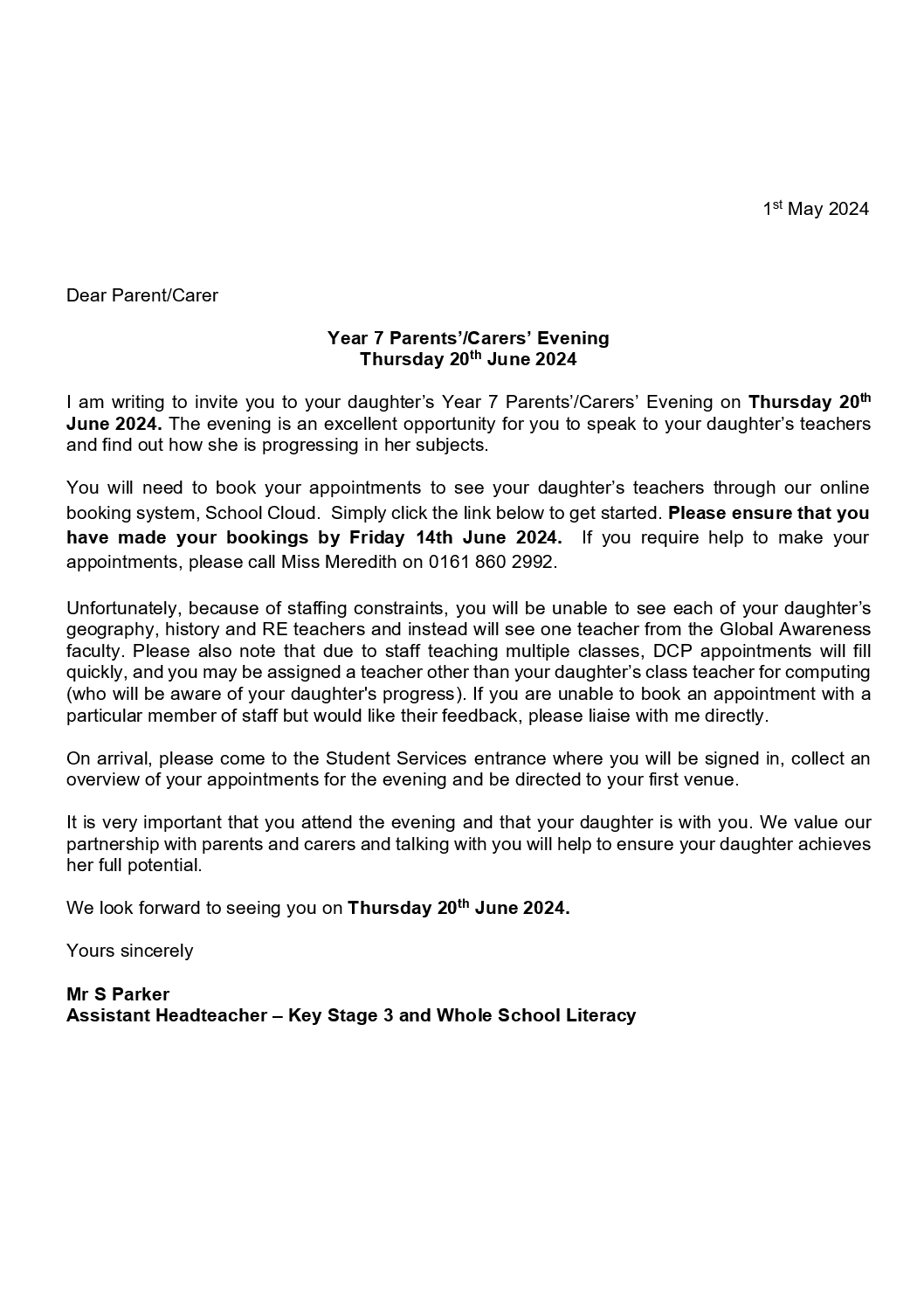 Year 7 Parents Evening Letter (June 2024) - WRHS