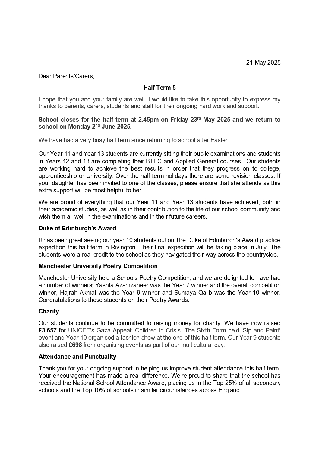 End of Half Term Letter (May 2025) - WRHS