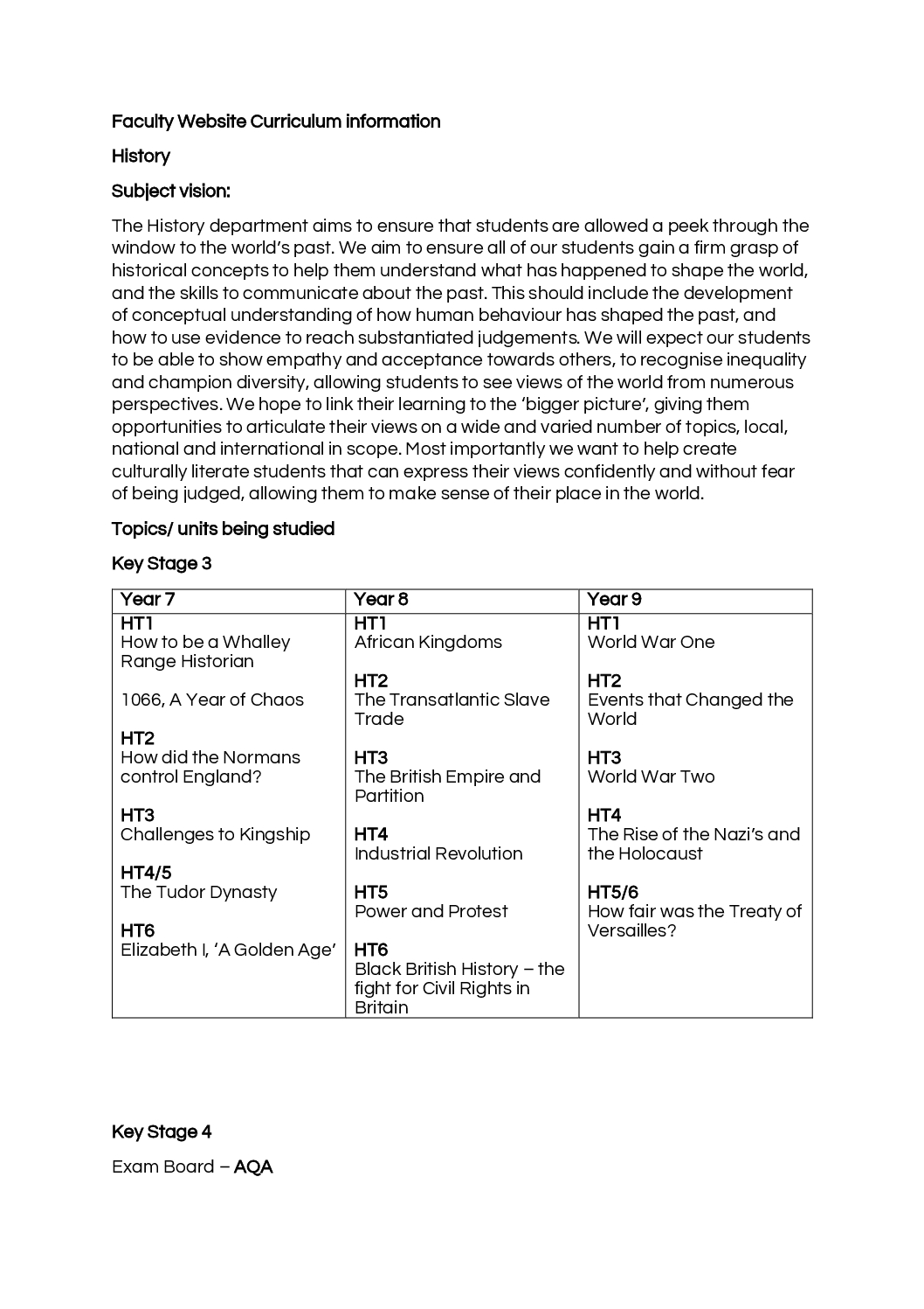 History Curriculum Information 2025/26 - WRHS
